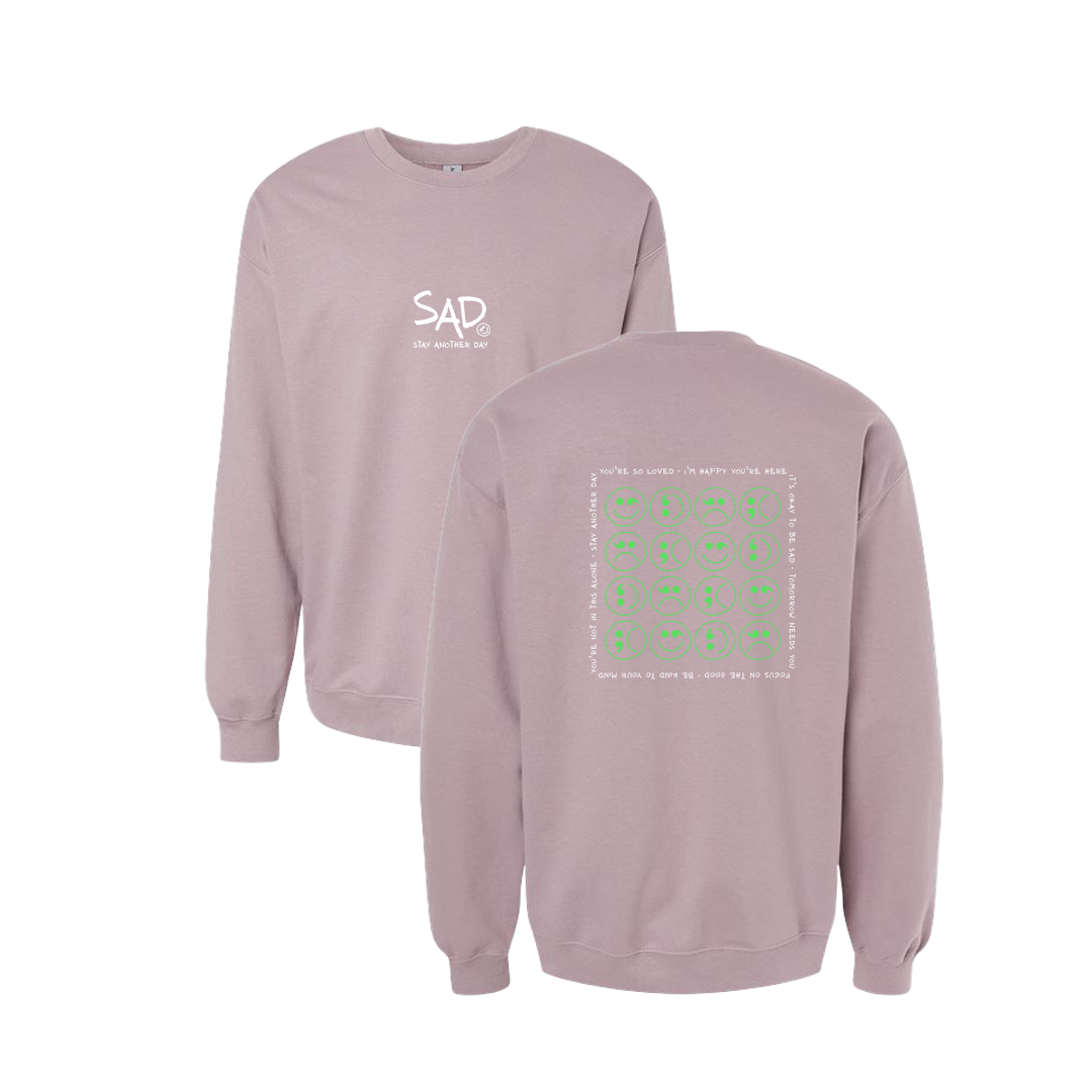 Multi Smiley Face Green Screen Printed Mauve Crewneck - Mental Health ...