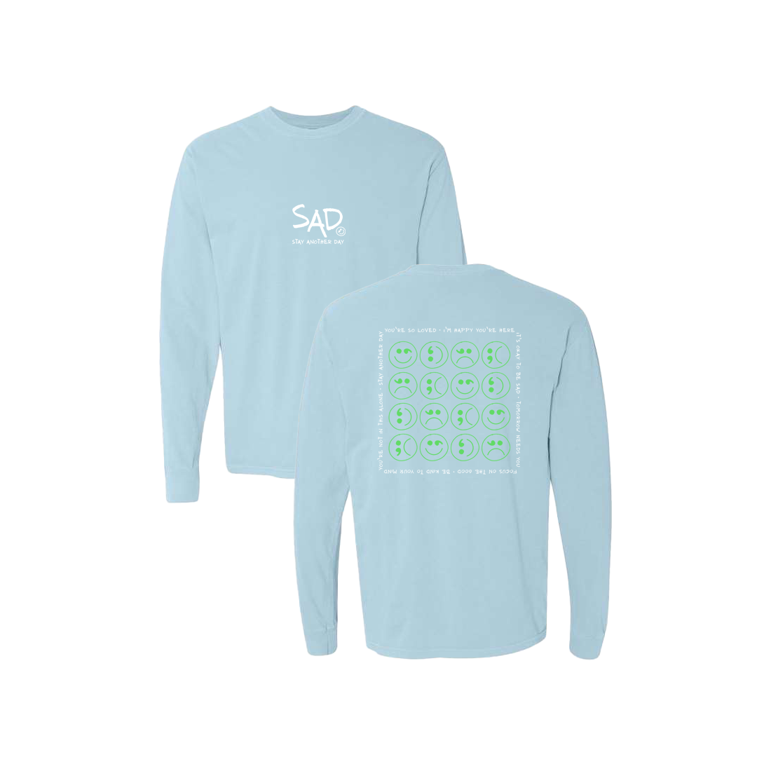 Multi Smiley Face Mint Screen Printed Blue Long Sleeve - Mental Health ...